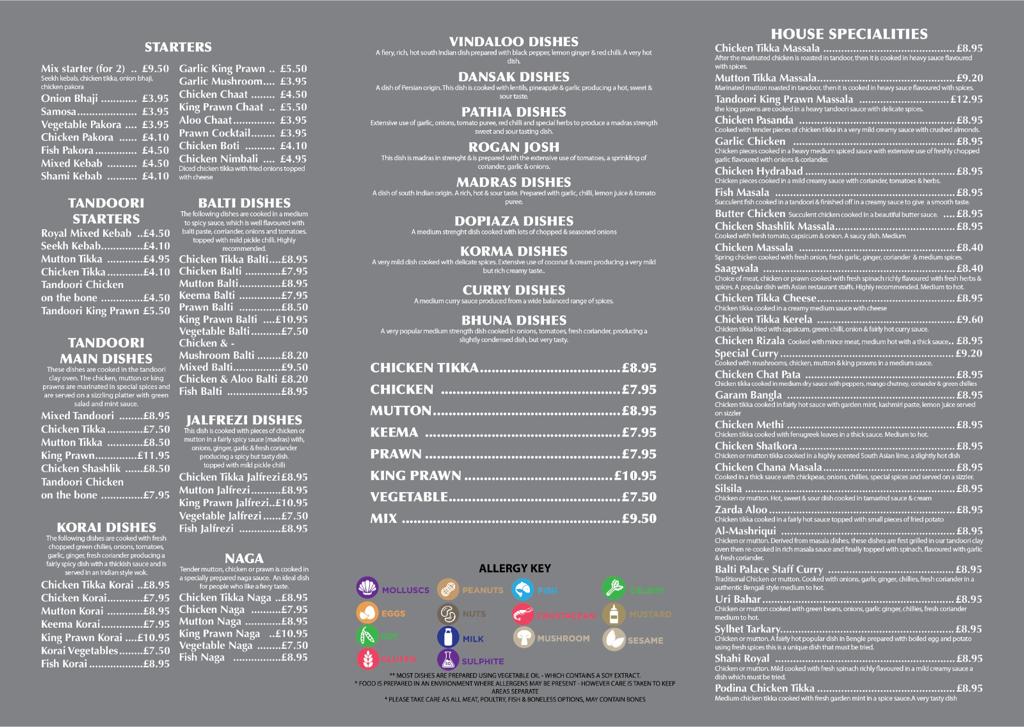 Menu | Balti Palace, Doncaster - Get 10% off on online orders via our ...
